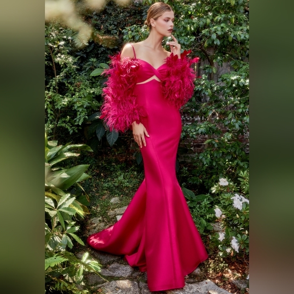 1208 | Dresses | Fuschia Pink Mikado Mermaid Feather Sleeve Long Gown ...